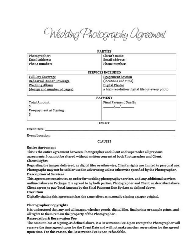 Free Printable Photography Contracts Printable Templates